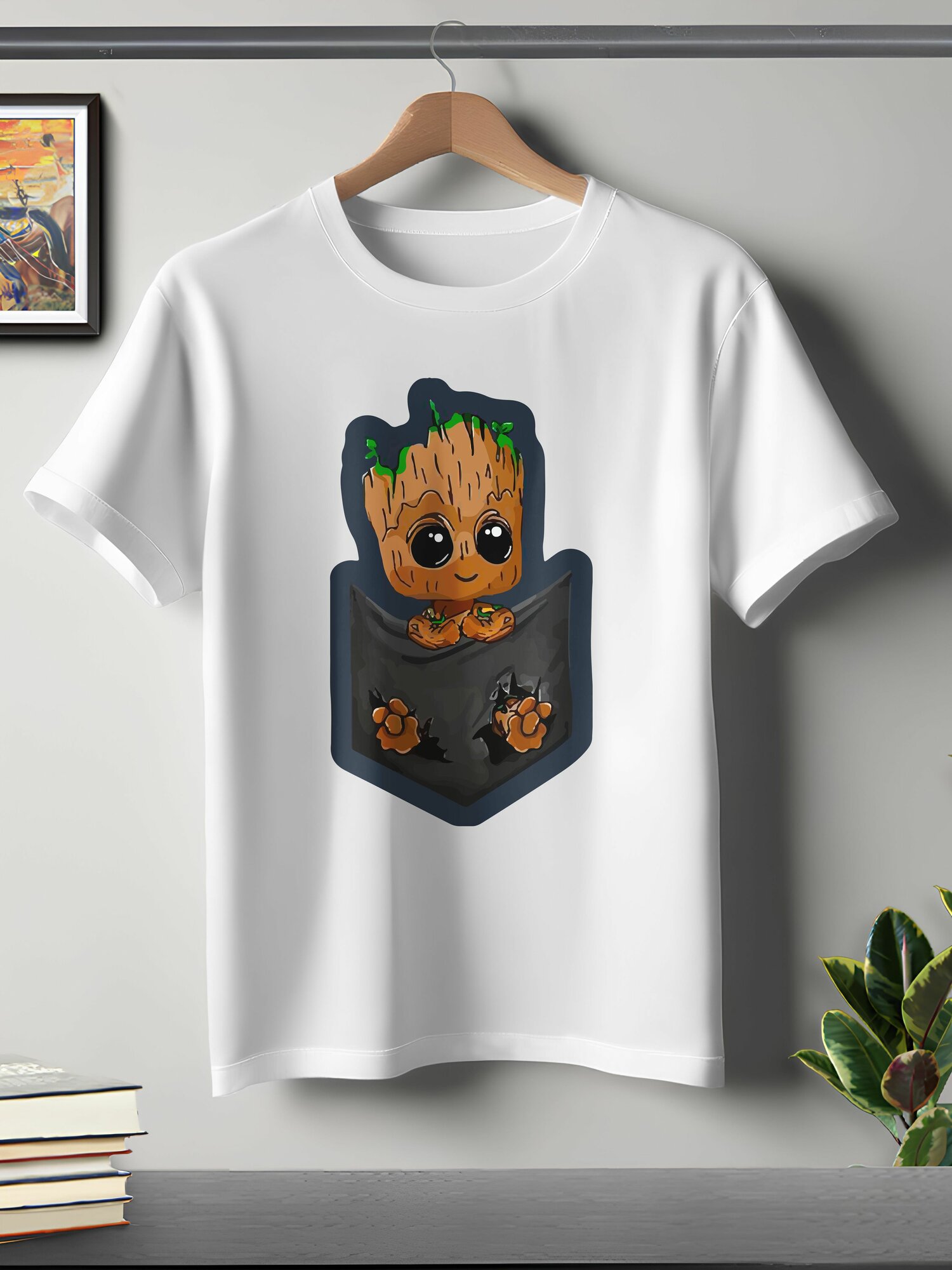 Футболка  Детская ONEQ 104 (4-5) размер с принтом Малыш Грут, белая