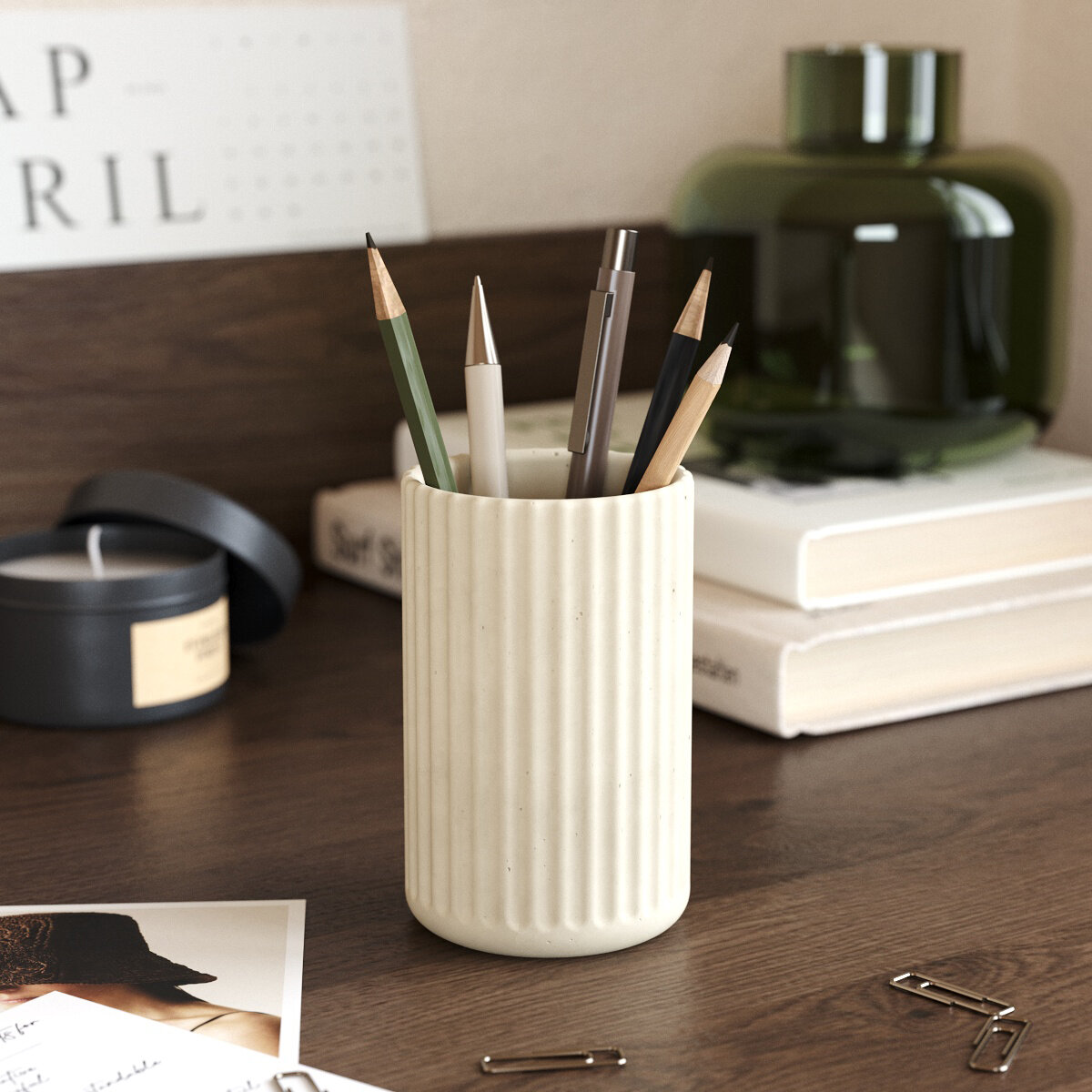 Стакан канцелярский, органайзер для ручек и карандашей Chloe Slim, 7x7x11 см, кремовый матовый