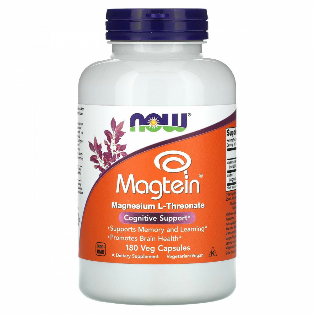 NOW Foods, Magtein®, L-треонат магния, 180 вегетарианских капсул