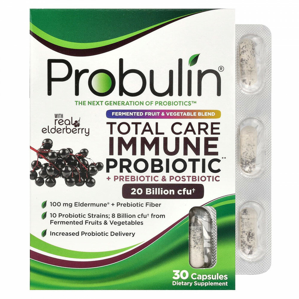 Probulin, Total Care Immune, пробиотики, пребиотики и постбиотики с натуральной бузиной, 20 млрд КОЕ, 30 капсул