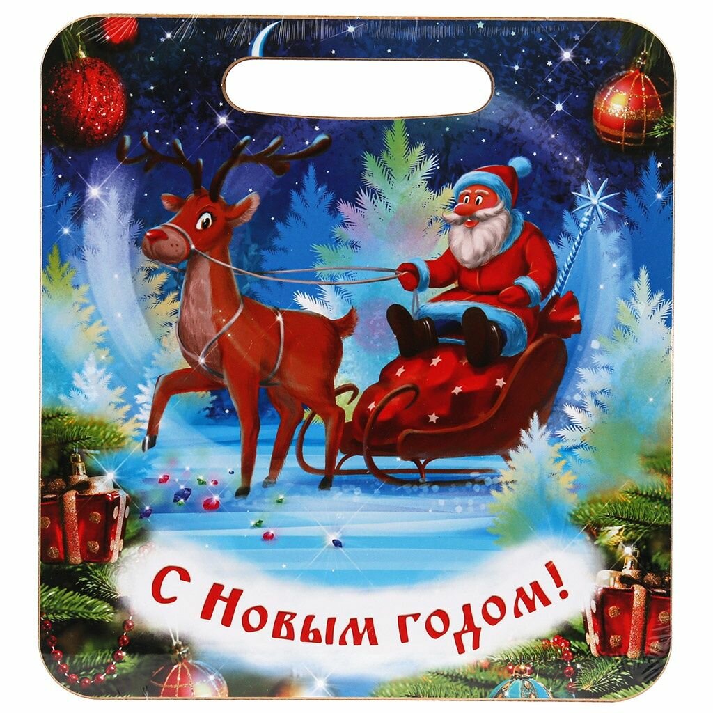 Доска разделочная КНР деревянная, "Дед Мороз и олень", Россия, 21х19,5х0,6 см (Л-35)