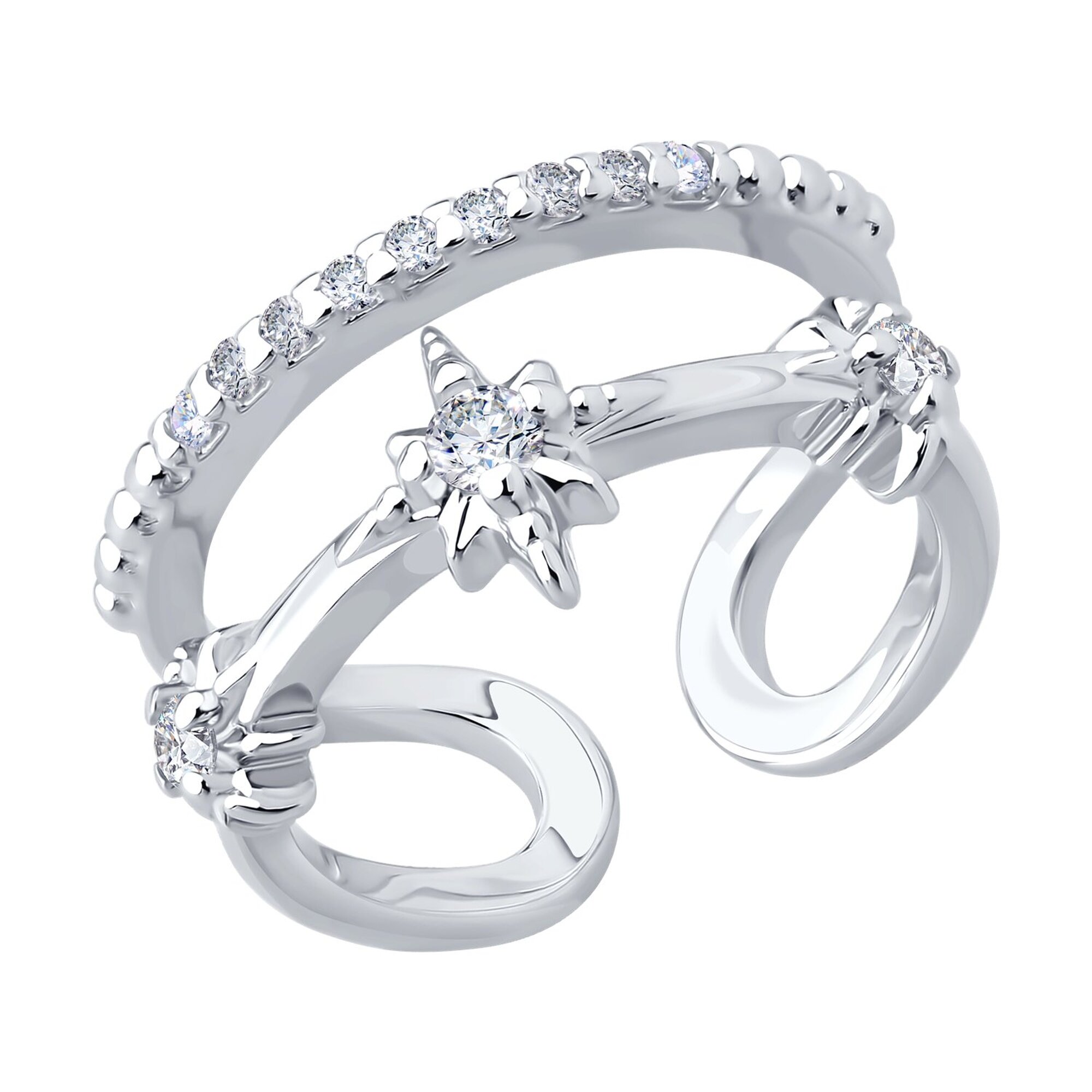 Кольцо на фалангу, серебро, 925 проба, родирование, фианит