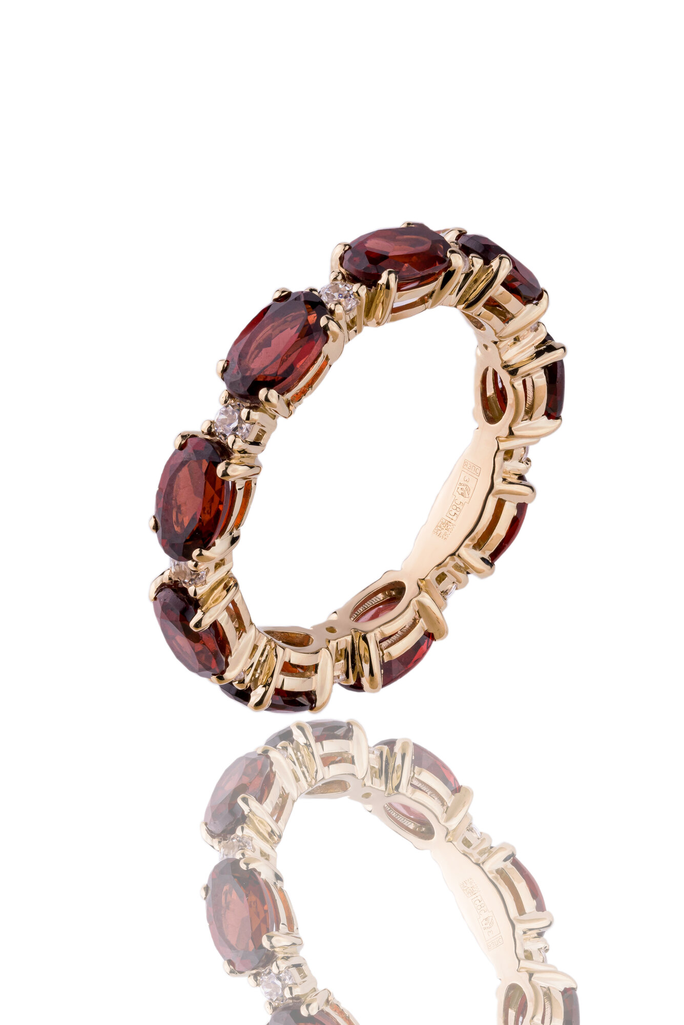 Кольцо дорожка, желтое золото, 585 проба, фианит, гранат