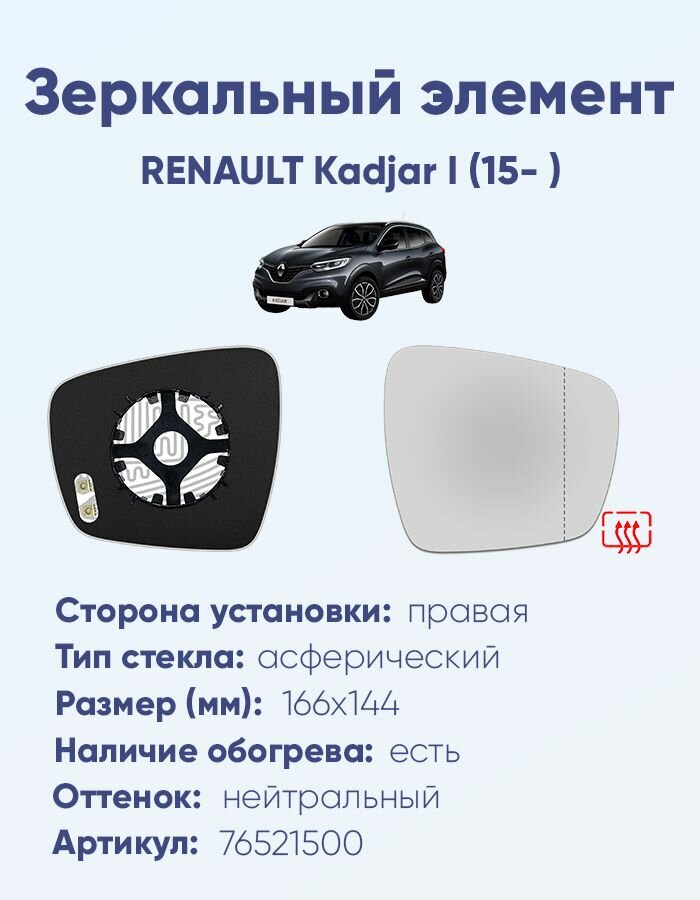 Зеркальный элемент правый RENAULT Kadjar I (15- ) асферика нейтральный с обогревом