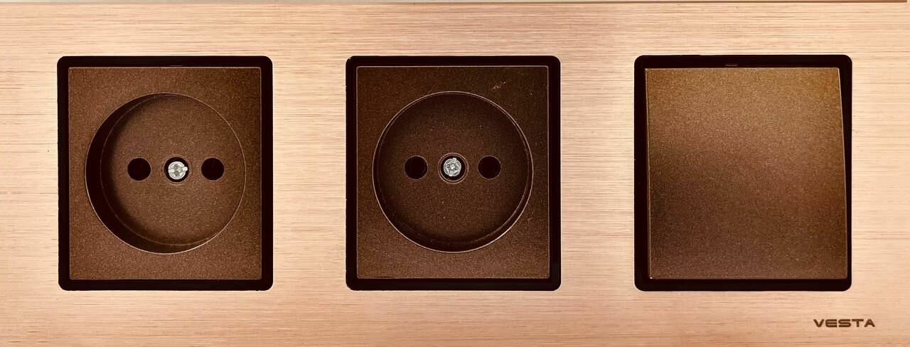 Блок с рамкой из алюминия Выключатель 1-клавишный +2 розетки без заземления Metronex-Electric Exclusive Champagne