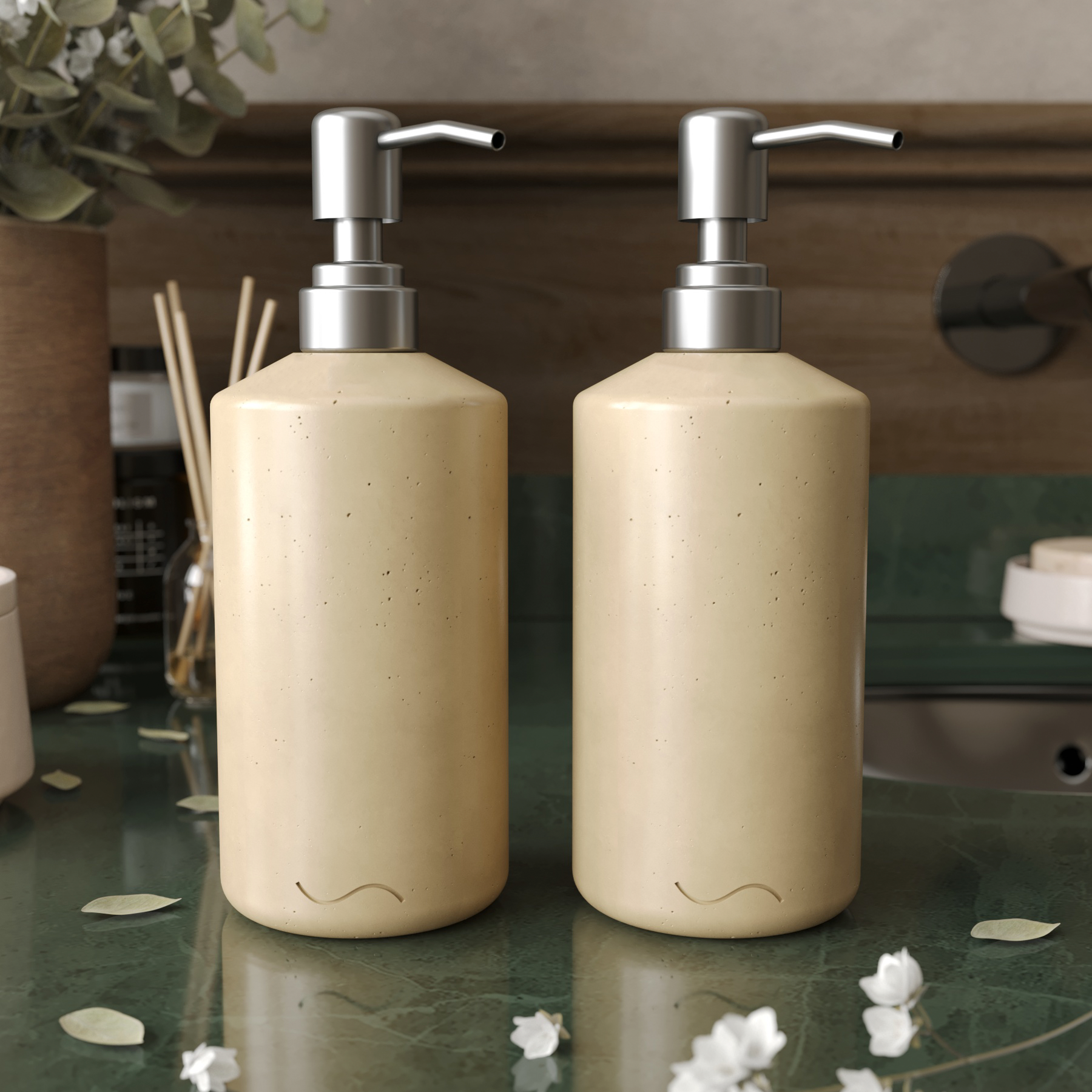 Набор дозаторов для жидкого мыла Astrid Slim, 250мл с металлической помпой, бетон, кремовый глянцевый