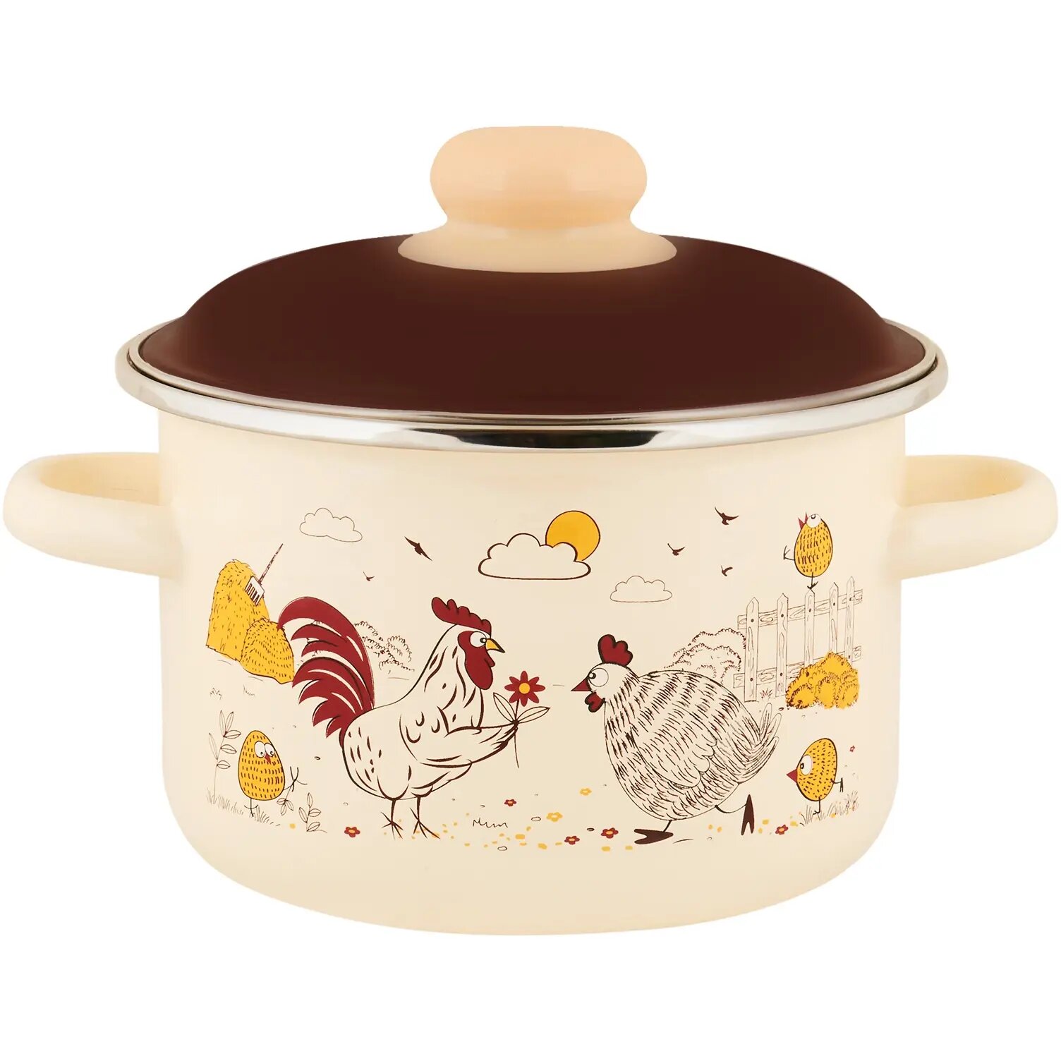 Кастрюля эмалированная 5,5л 'Подворье', сталь, кремовый/коричневый