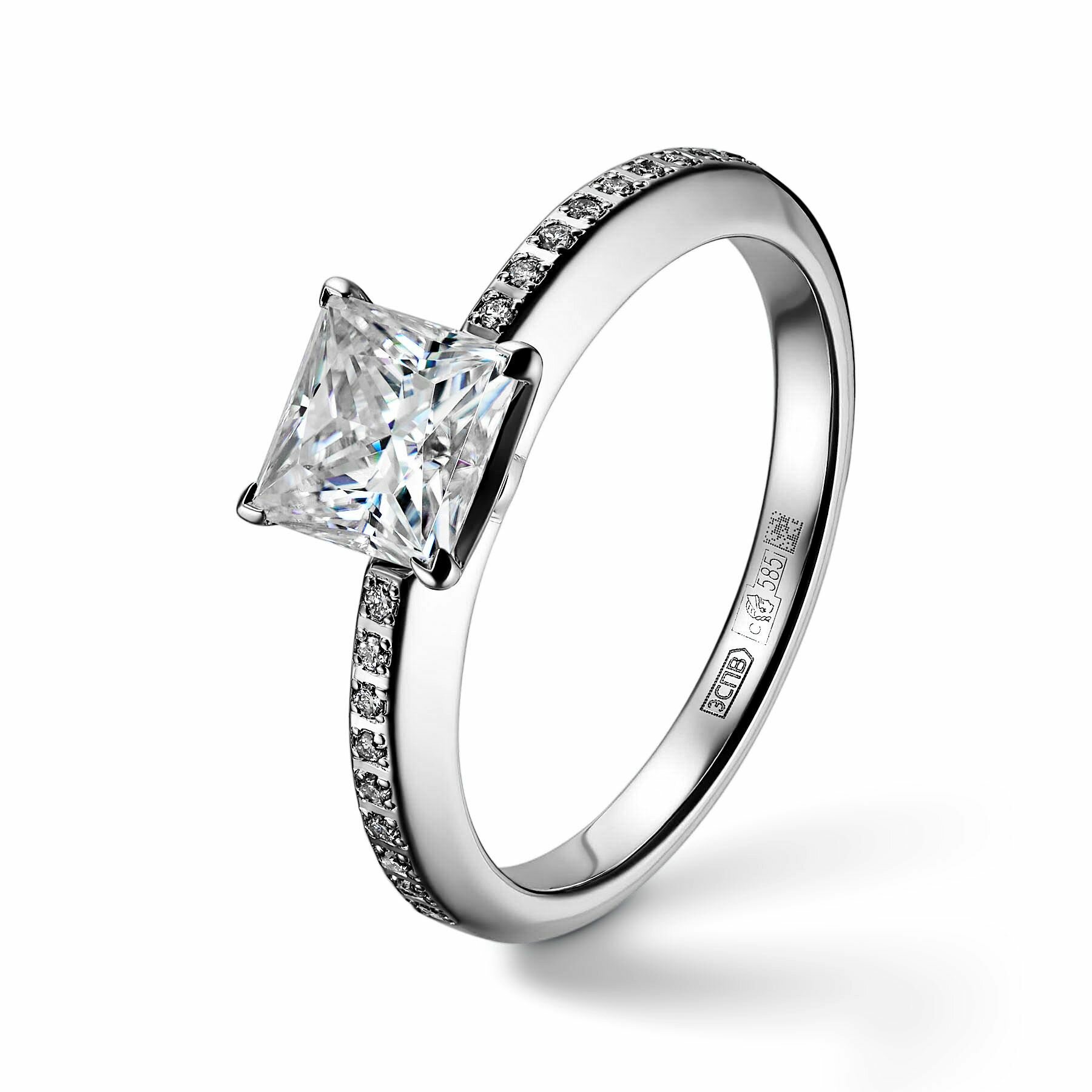 Кольцо помолвочное, белое золото, 585 проба, муассанит, бриллиант