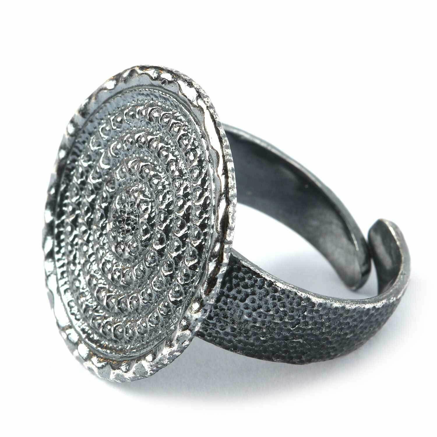 Основа для кольца регулируемого размера, с платформой 23мм, Anna Bronze, Узорные круги, базовый материал - латунь, цвет античное серебро (посеребрённый с чернением), 1 шт.