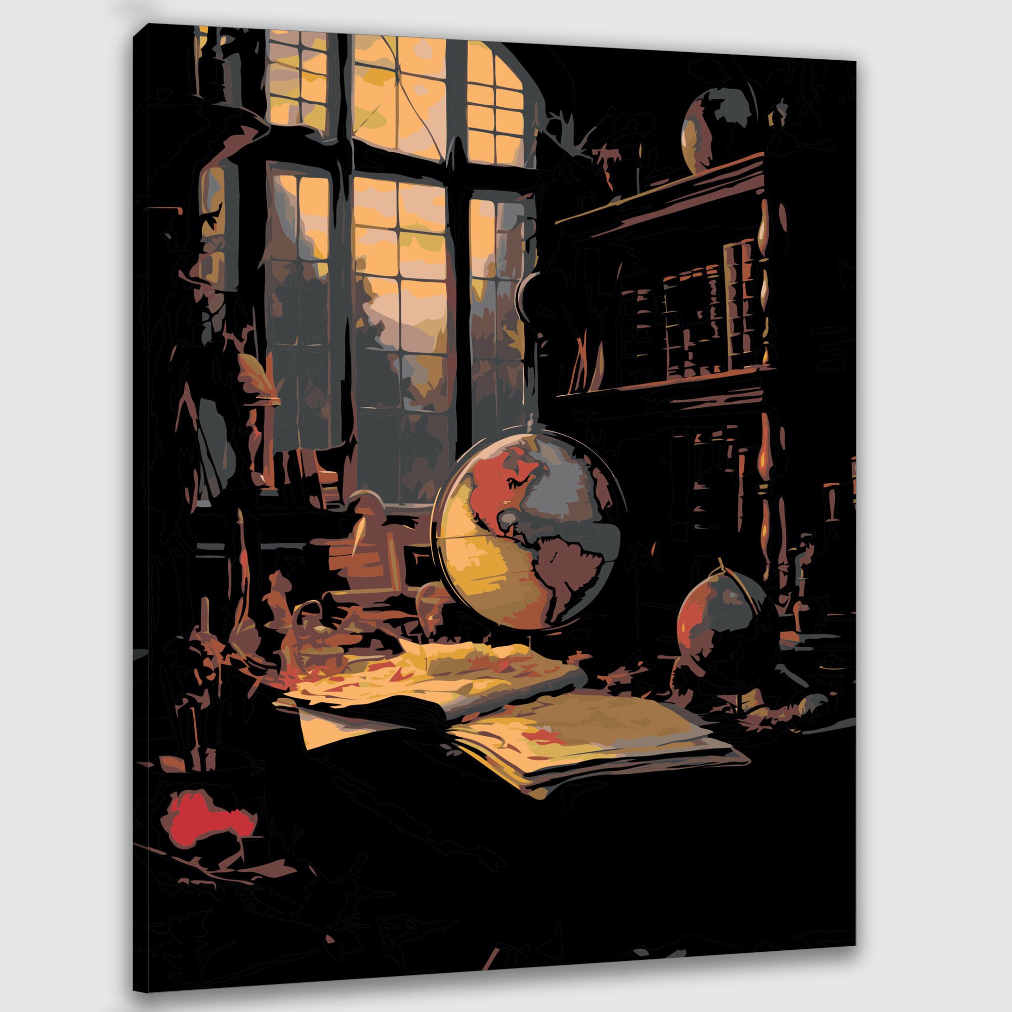 Картина по номерам 40x50 см, картина маслом, скрытые карты, кабинет исследователя, глобусы, компасы, потрепанные карты