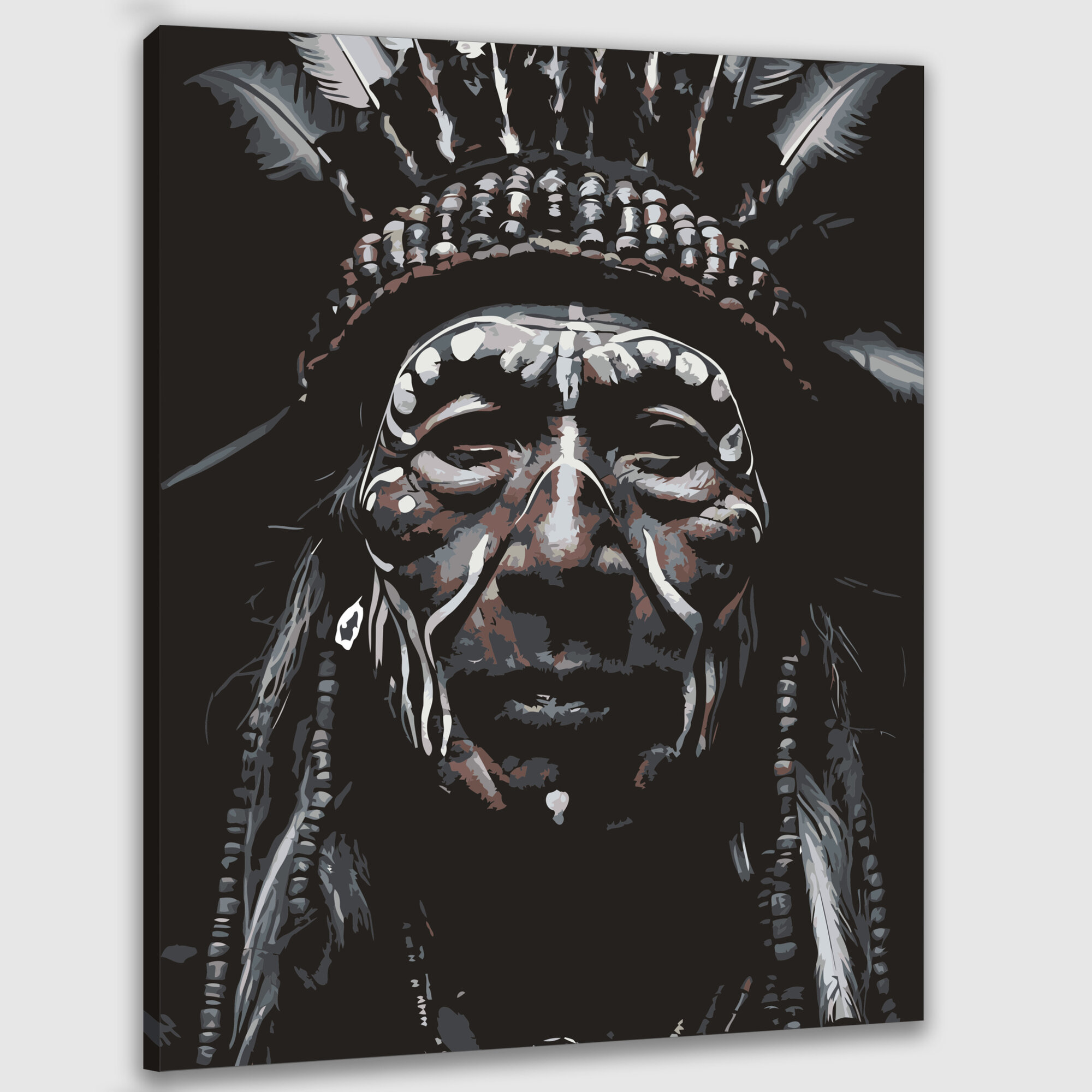 Картина по номерам 40x50 см, шаман, лицо, знаки, перья, древние традиции, духовная мудрость, черно-белое
