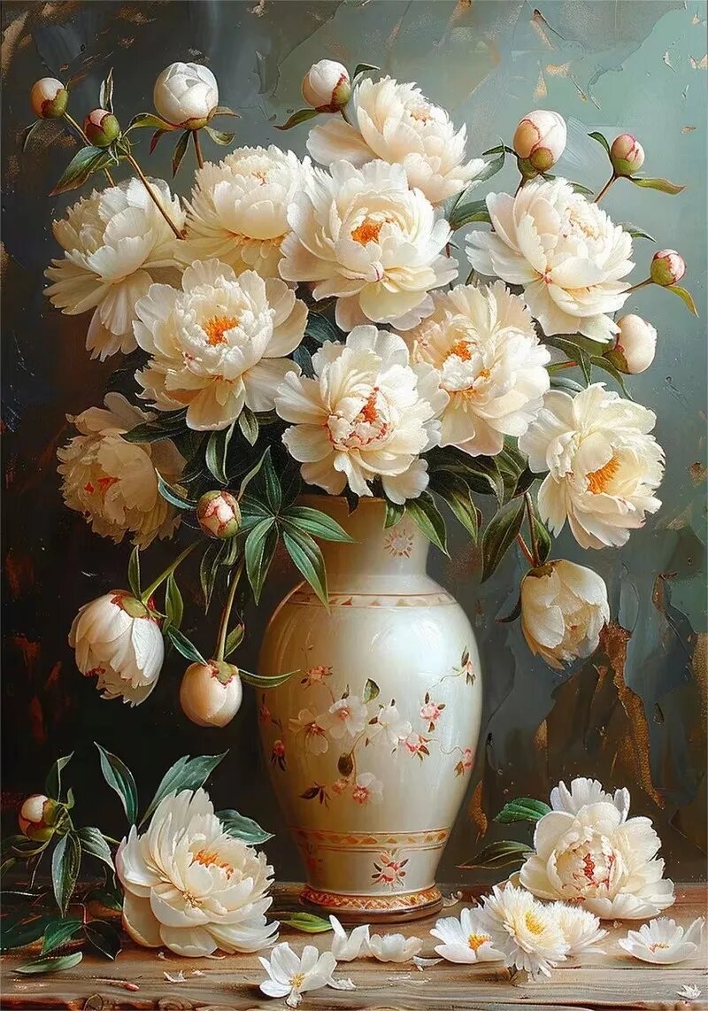 Букет белых пионов в вазе, 20x30 см, SKU-09