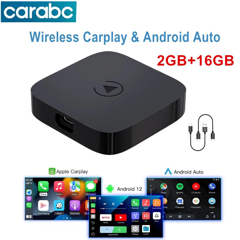 CARABC Wireless CarPlay Android Auto Car AI Box Адаптер 2 ГБ + 16 ГБ для всех проводов OEM CarPlay Smart Youtube Netflix TV Воспроизведение автомобиля