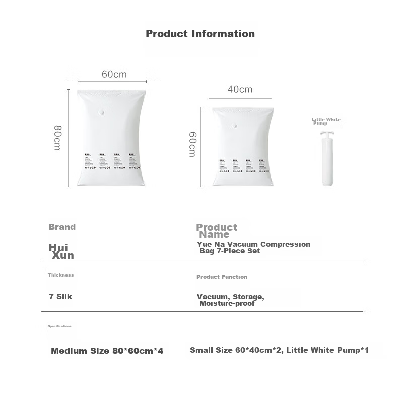 Huixun, Vacuum Storage Bags 7-Piece Set [4 Medium + 2 Small + 1 Hand Pump]