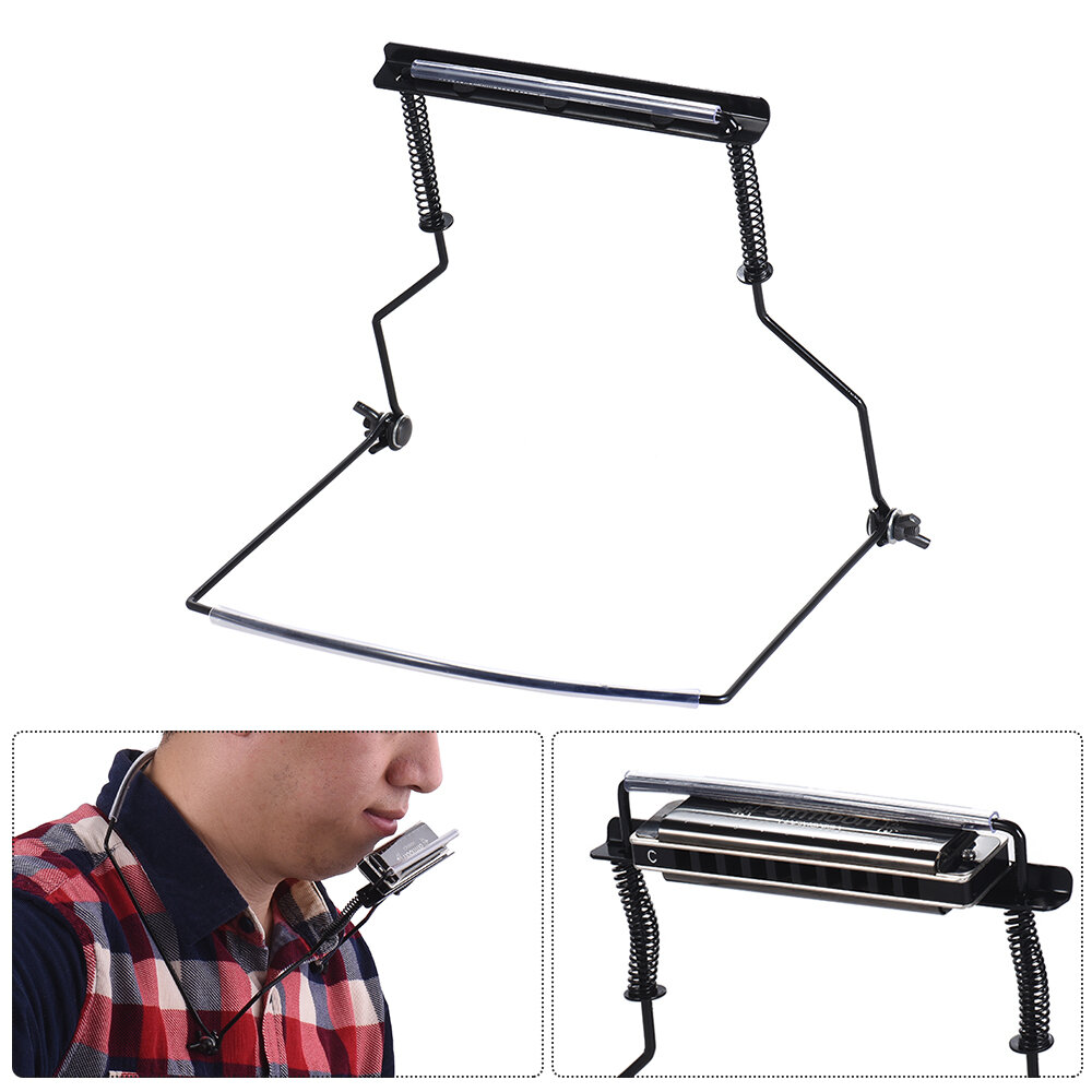 Грип для губной гармоники Metal Harmonica Mouth Organ Holder Harmonica Neck Stand Bracket для 10-лунных гармоник, черный цвет, материал Metal + Resin, вес 117g/4.1oz, для игры руками, 1 штука в упаковке