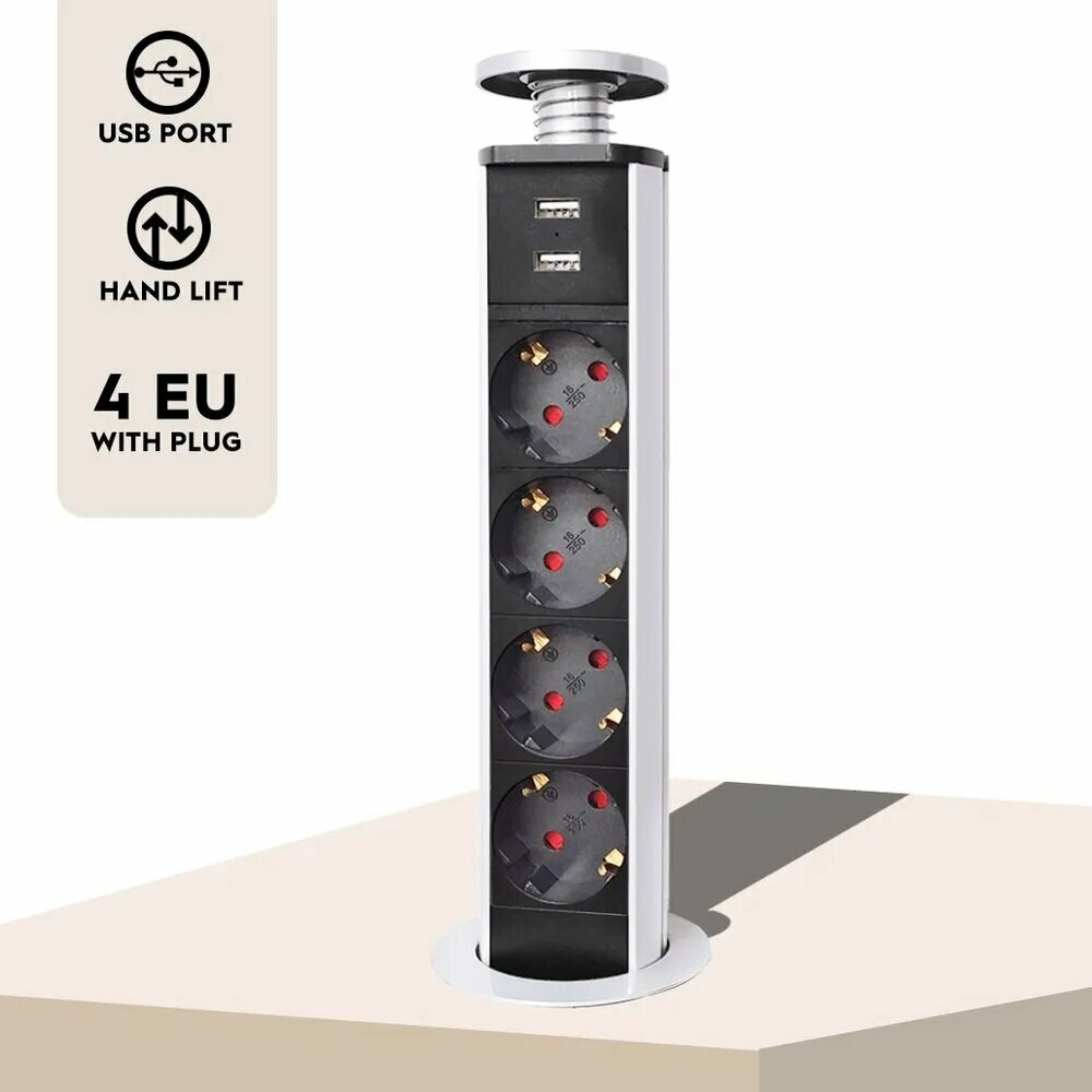 Встраиваемая выдвижная розетка для столешницы, скрытый удлинитель для кухни на 4 розетки с заземлением серебристый провод 1.8 м