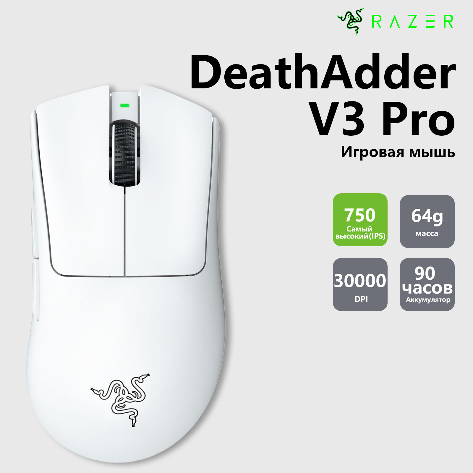 Игровая мышь Razer DeathAdder V3 Pro White Lightweight с приемником 8KHz(RZ01-04630200-R3G1)