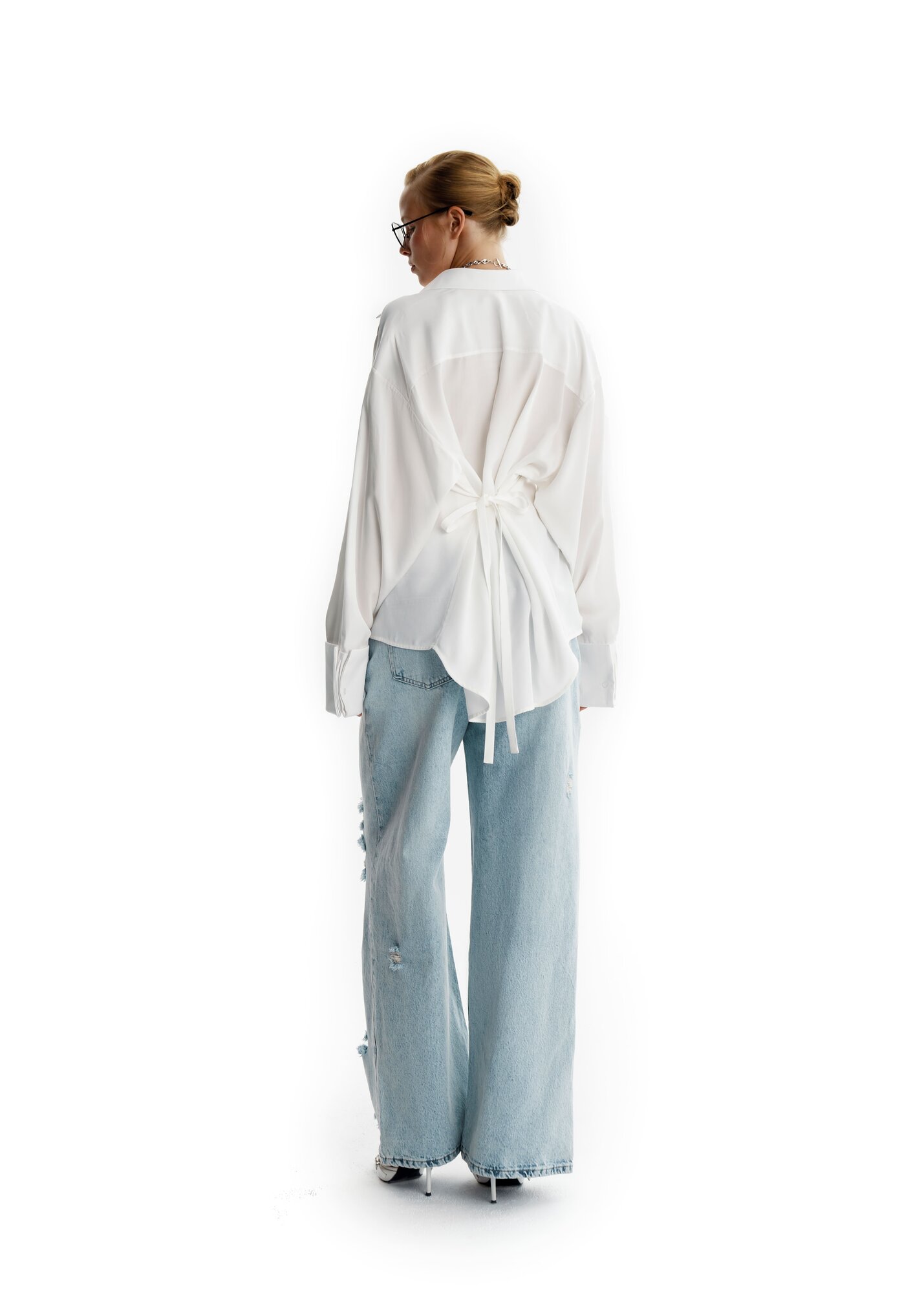 Рубашка Белый воротничок женская, длинный рукав, с драпировкой на спине и завязками для приталивания