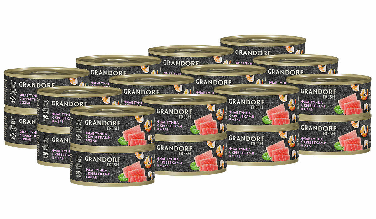 Корм влажный Grandorf Fresh для кошек с филе тунца и креветками в желе, 70 г х 24 шт