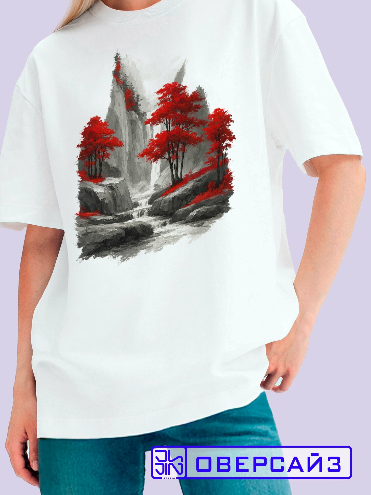 Футболка оверсайз женская с принтом Черно-красный минималистичный лес с горами и красным водопадом среди скал, белый хлопковый трикотаж с прикольным рисунком на груди