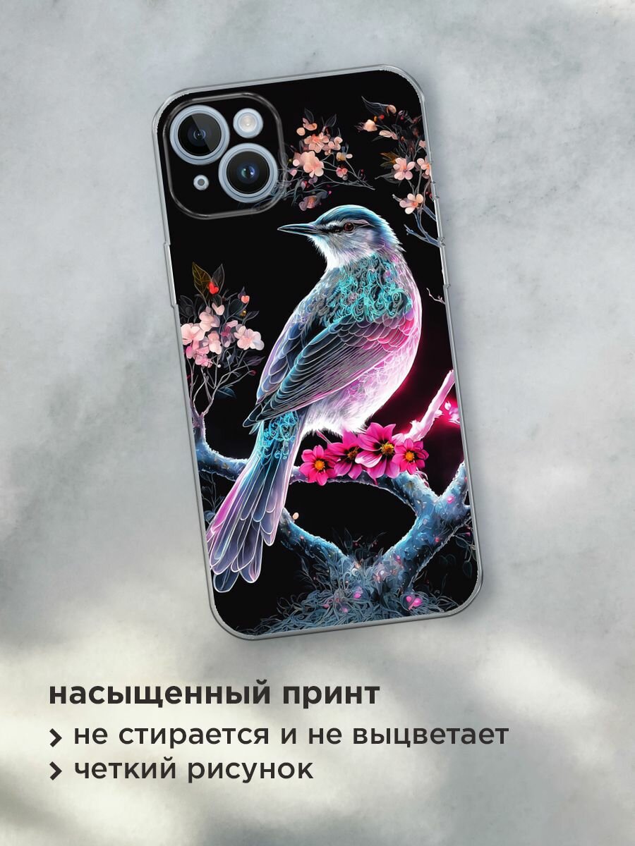 Чехол на Apple iPhone 14 / Айфон 14 с принтом "Птица на цветущем дереве" — фото 1