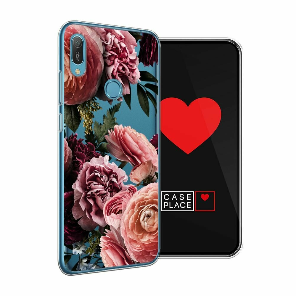 Чехол на Honor 8A/8A Pro/Huawei Y6s/Y6 2019 / Хонор 8А с принтом "Бордовые винтажные цветы", прозрачный — фото 1