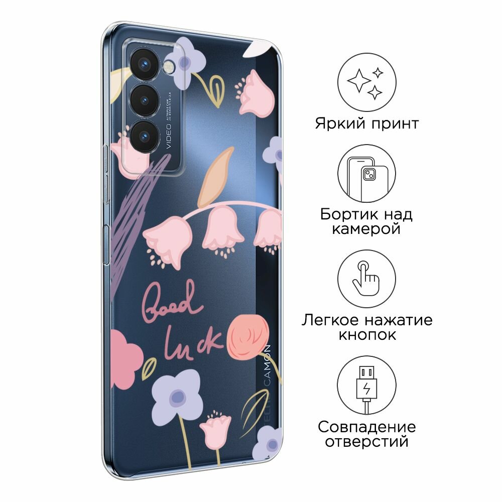 Чехол на Tecno Camon 18P / Техно Камон 18Р с принтом "Lucky flowers", прозрачный — фото 1