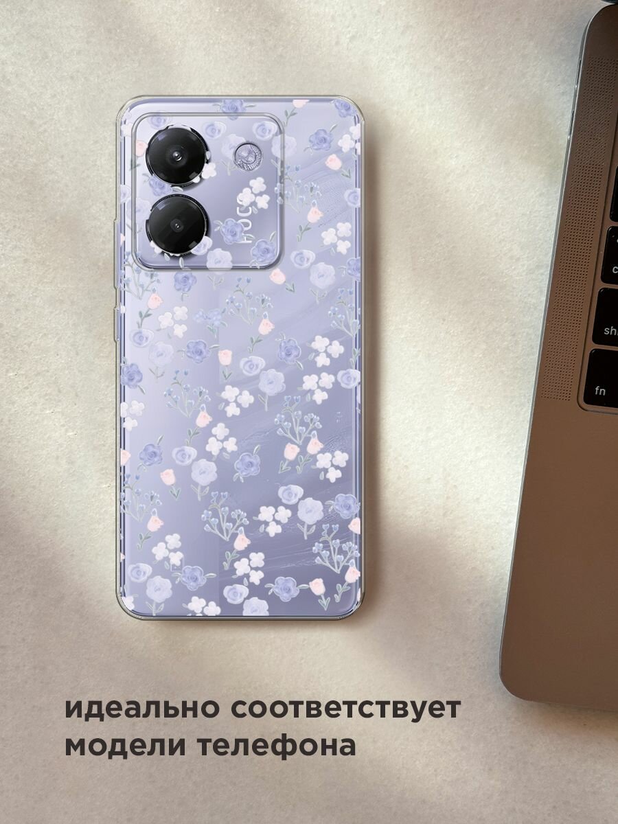 Чехол на Poco M7 Pro / Поко М7 Про с принтом "Сиреневые розы паттерн", прозрачный — фото 1