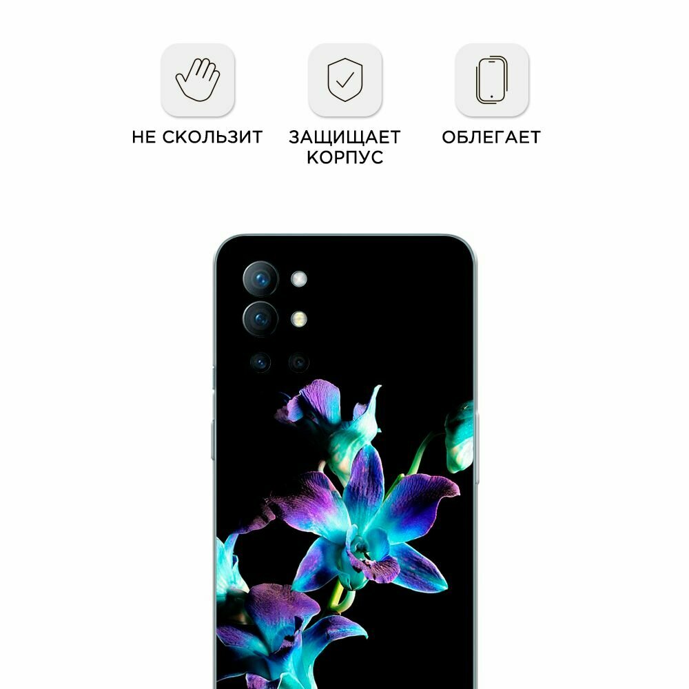 Чехол на OnePlus 9R / ВанПлас 9R с принтом "Синий цветок на черном" — фото 1