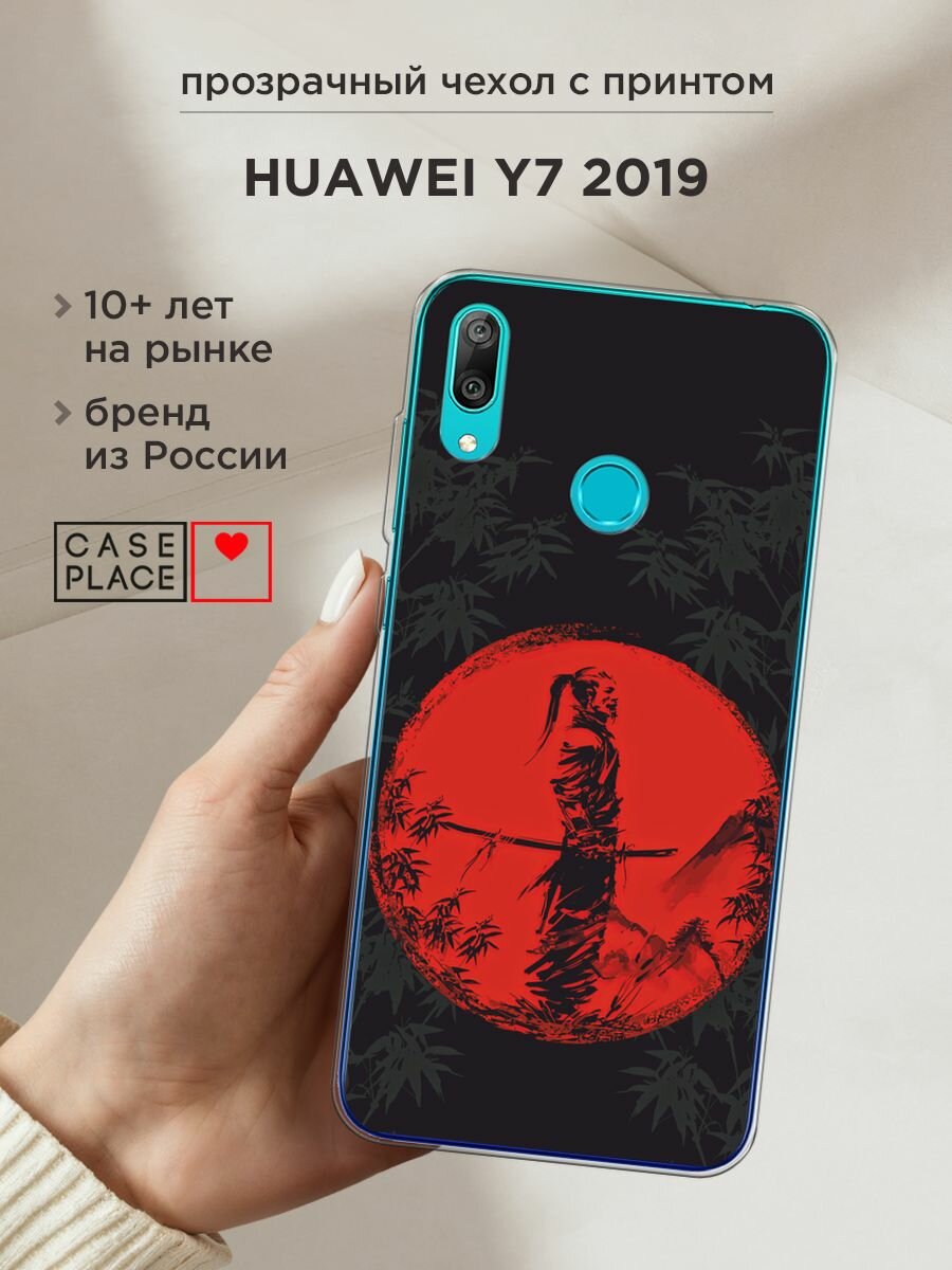 Чехол на Huawei Y7 2019 / Хуавей Y7 2019 с принтом "Самурай на красном фоне"