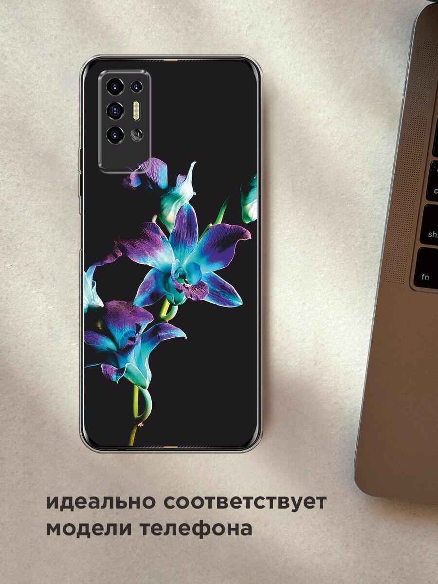 Чехол на Tecno Pova 2 / Текно Пова 2 с принтом "Синий цветок на черном" — фото 1