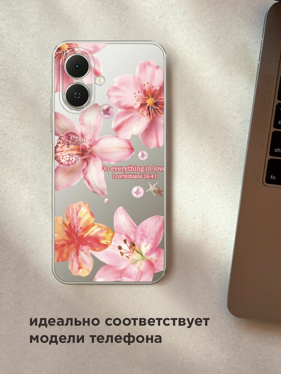 Чехол на Tecno Spark Go 2 / Текно Спарк Го 2 с принтом "Тропические соцветия", прозрачный — фото 1