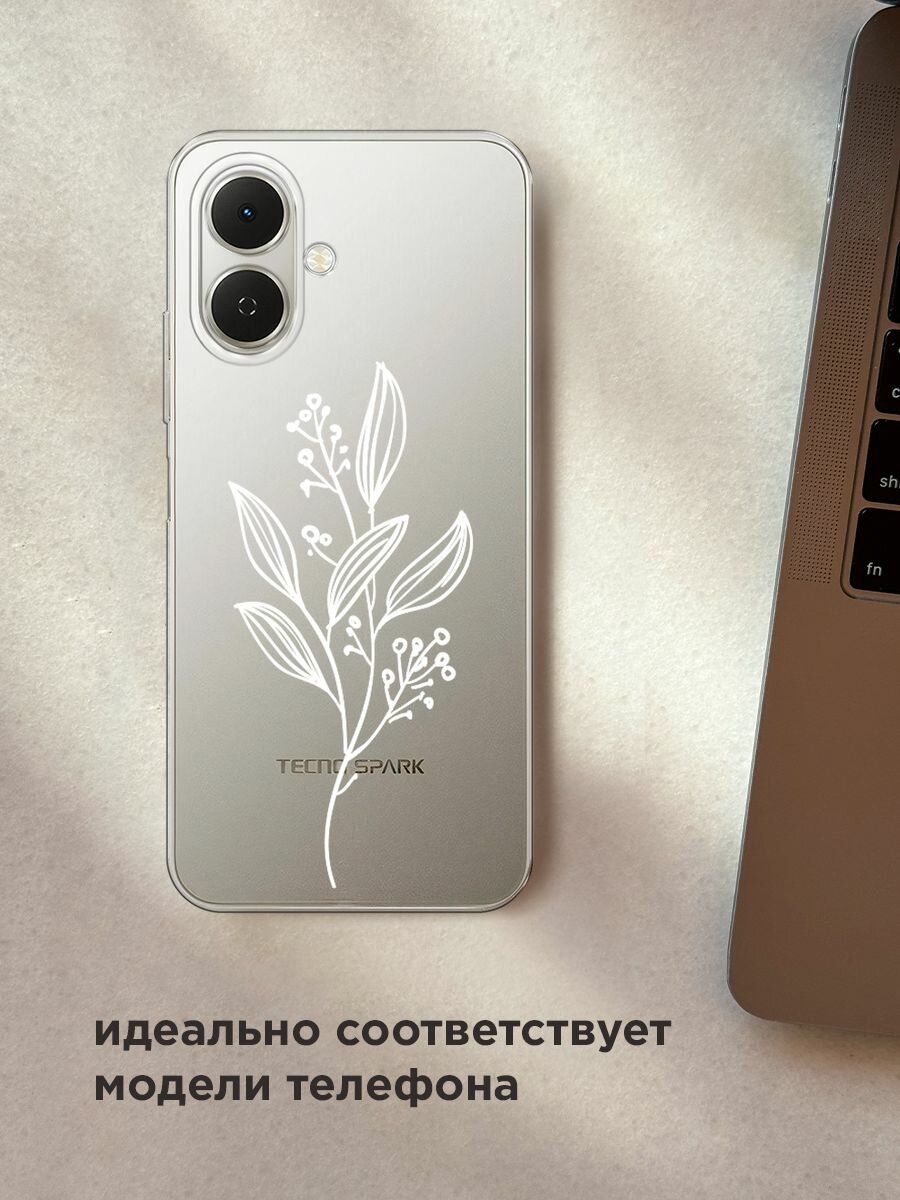 Чехол на Tecno Spark Go 2 / Текно Спарк Го 2 с принтом "Ветка с листочками и цветами", прозрачный — фото 1