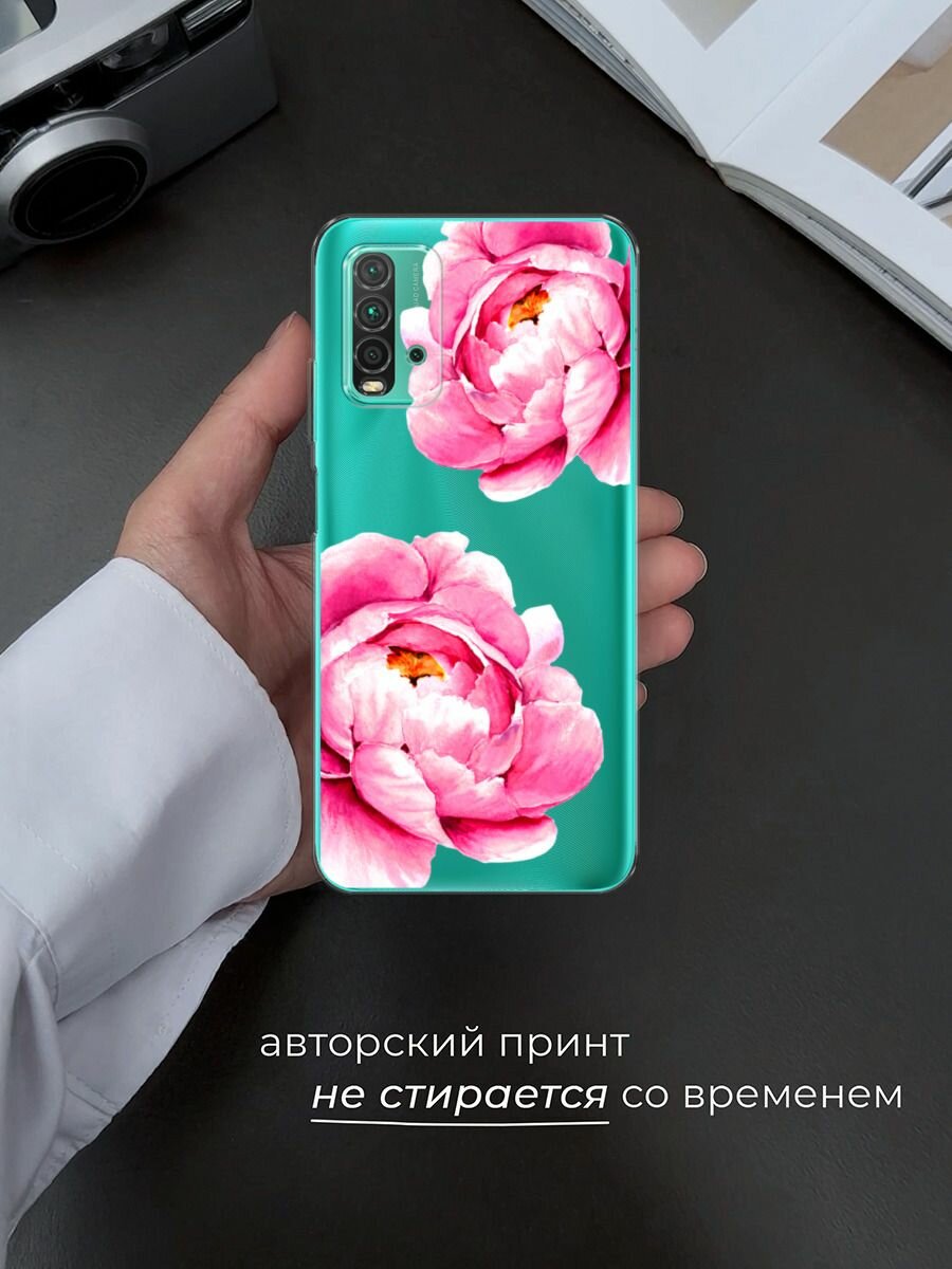 Чехол на Xiaomi Redmi 9T / Сяоми Редми 9Т с принтом "Open peonies", прозрачный — фото 1