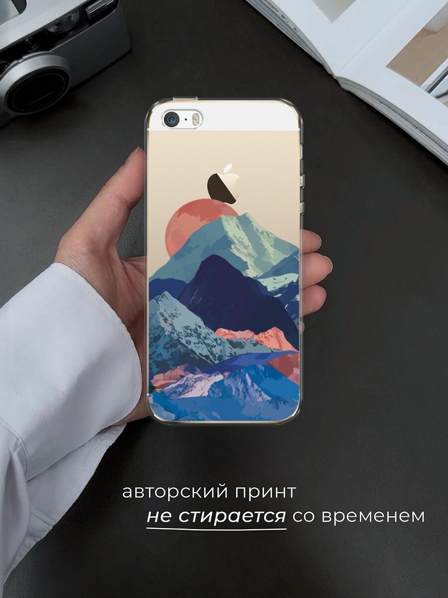 Чехол на Apple iPhone 5/5S/SE / Айфон 5/5S/SE с принтом "Закат в снежных горах", прозрачный — фото 1