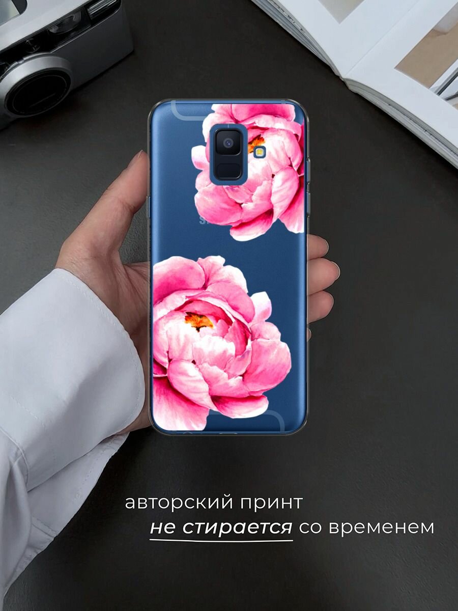 Чехол на Samsung Galaxy A6 / Самсунг Галакси А6 с принтом "Open peonies", прозрачный — фото 1