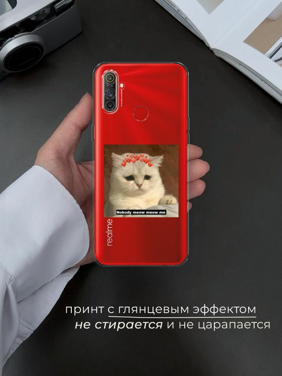 Силиконовый чехол на Realme C3 / Реалми C3 с принтом "Грустный котик" — фото 1