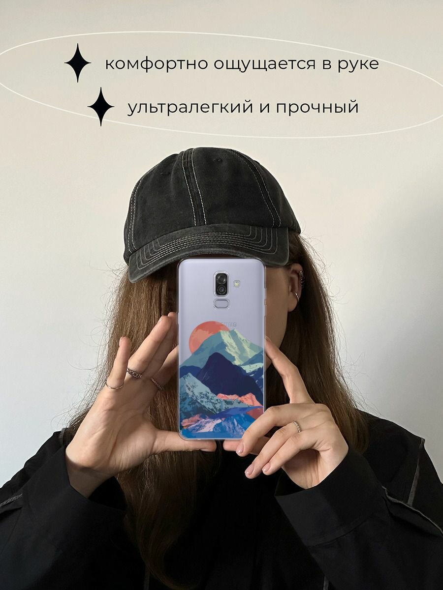 Чехол на Samsung Galaxy J8 / Самсунг Галакси Джей 8 с принтом "Закат в снежных горах", прозрачный — фото 1