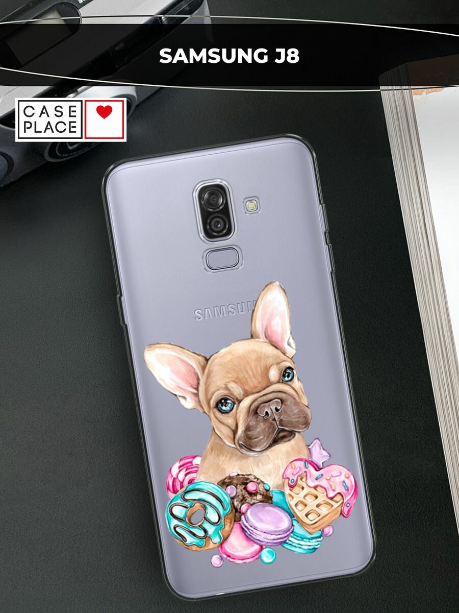 Чехол на Samsung Galaxy J8 / Самсунг Галакси Джей 8 с принтом "Бульдог и сладости", прозрачный