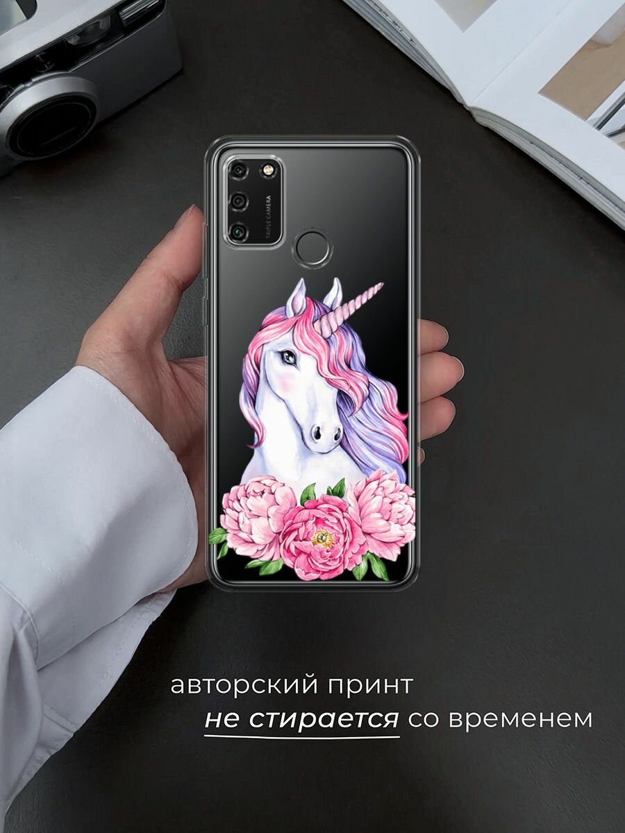 Чехол на Honor 9A / Хонор 9А с принтом "Единорог с пионами", прозрачный — фото 1