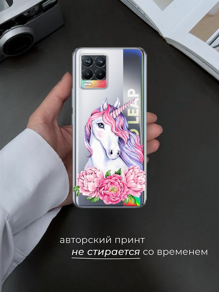 Чехол на Realme 8/8 Pro / Реалми 8/8 Про с принтом "Единорог с пионами", прозрачный — фото 1