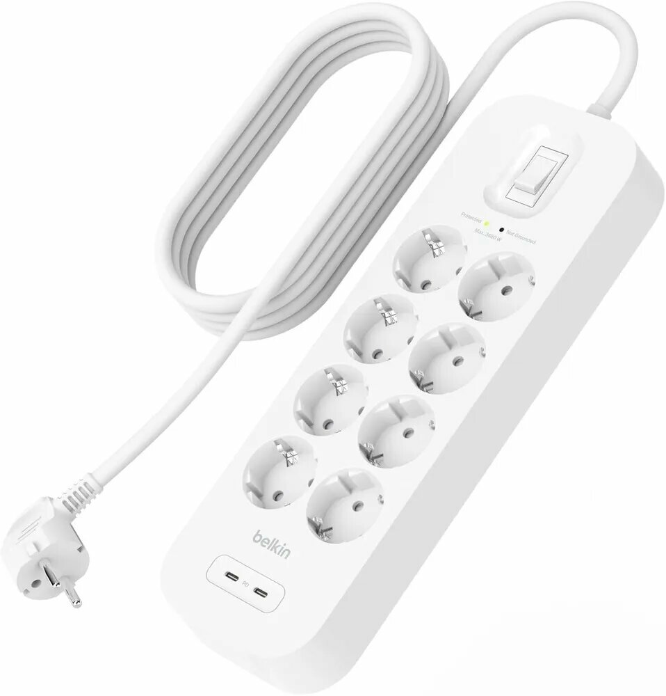 Сетевой фильтр Belkin 4X, 8 розеток, 2x USB-C PD, 900J , 2 метра, белый SRB004vf2M