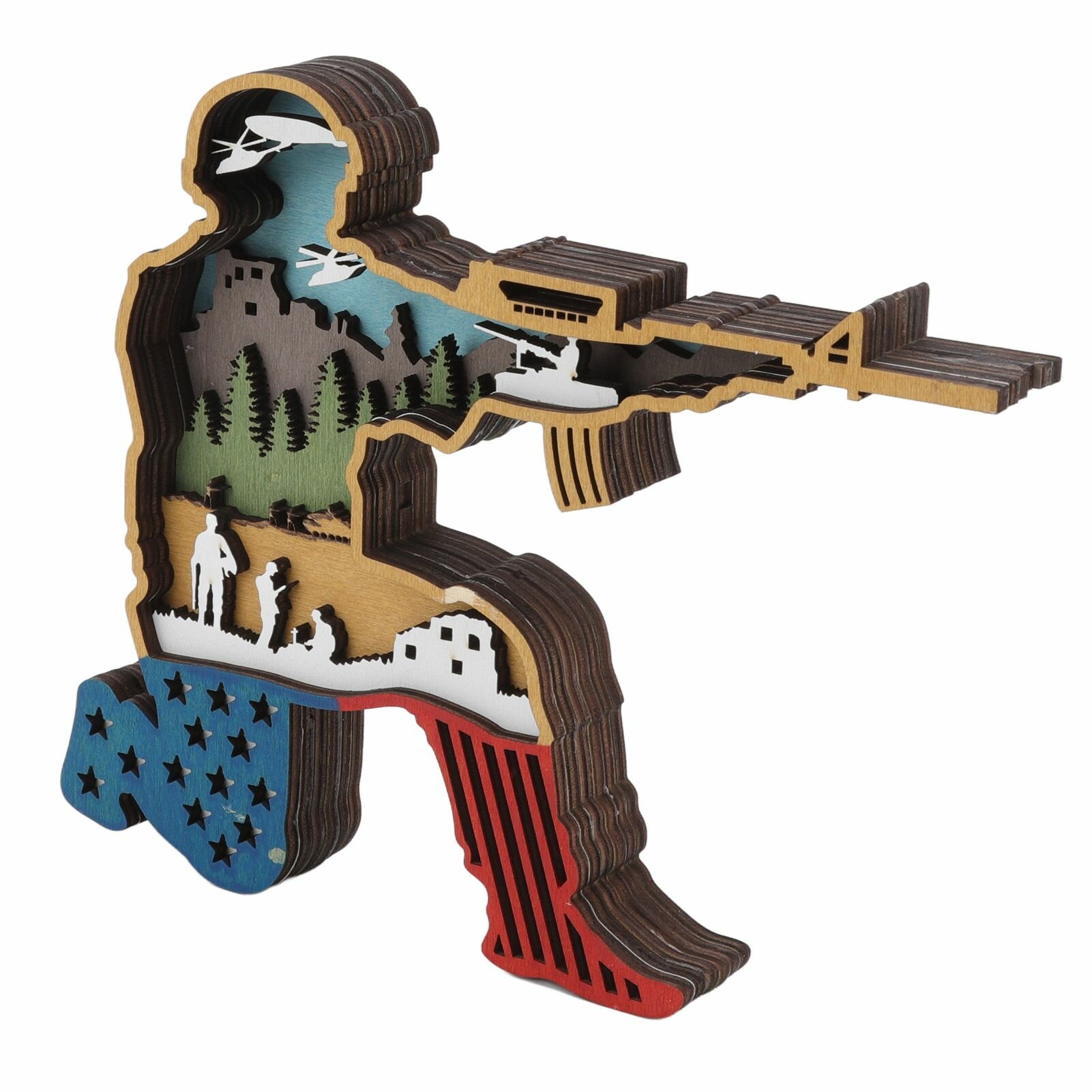 Деревянная статуя празднования Дня независимости США, многослойный дизайн, самшит, резные 3D яркие огни, солдатское украшение для рабочего стола