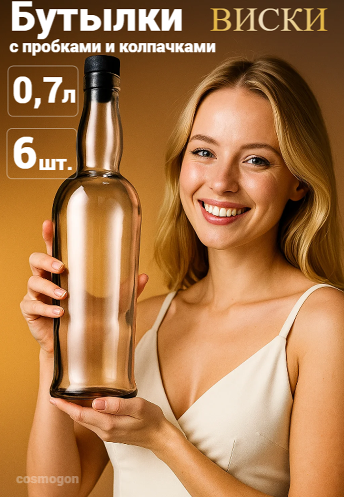 Стеклянная бутылка 0.7 л "Виски" с пробкой и колпачком 6 штук