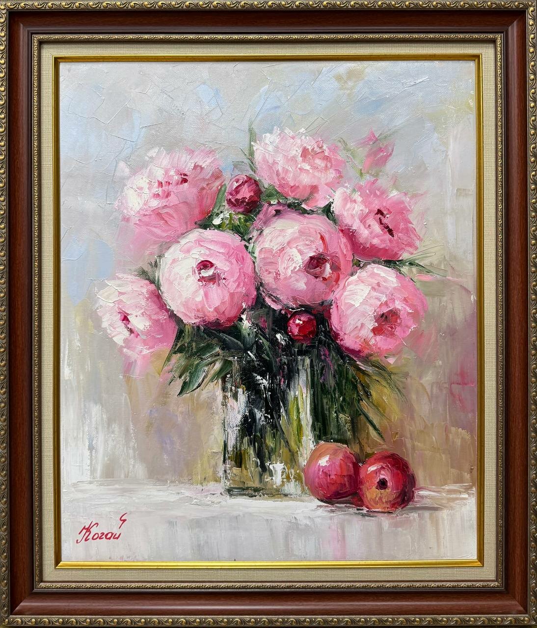 Картина маслом на холсте, цветы "Пионы и яблоки", 60х50 см. Автор Когай Жанна