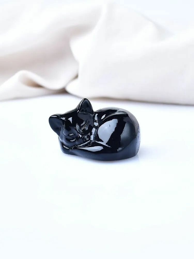 Статуэтка сонного кота из натурального камня "Обсидиан" (1шт)