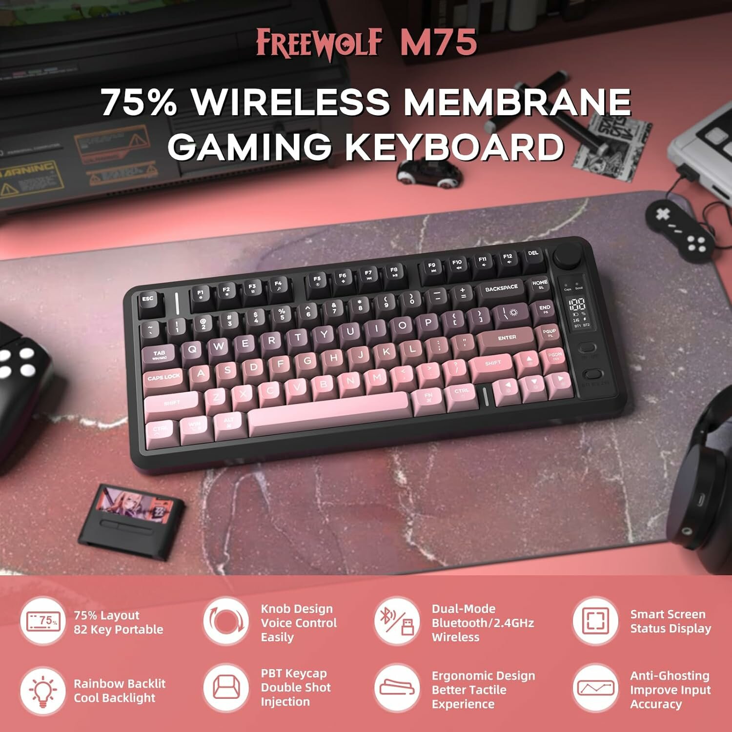 Беспроводная игровая мембранная клавиатура FREEWOLF M75 с RGB-подсветкой, OLED-дисплеем, регулятором громкости и градиентными PBT-кейкапами