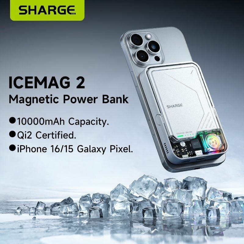 Портативный зарядный блок SHARGE ICEMAG 2 MagSafe, 15W Qi2 с активным охлаждением, батарея 10000mAh, складная подставка, прозрачный, для iPhone 16/15/14, Galaxy Pixel.