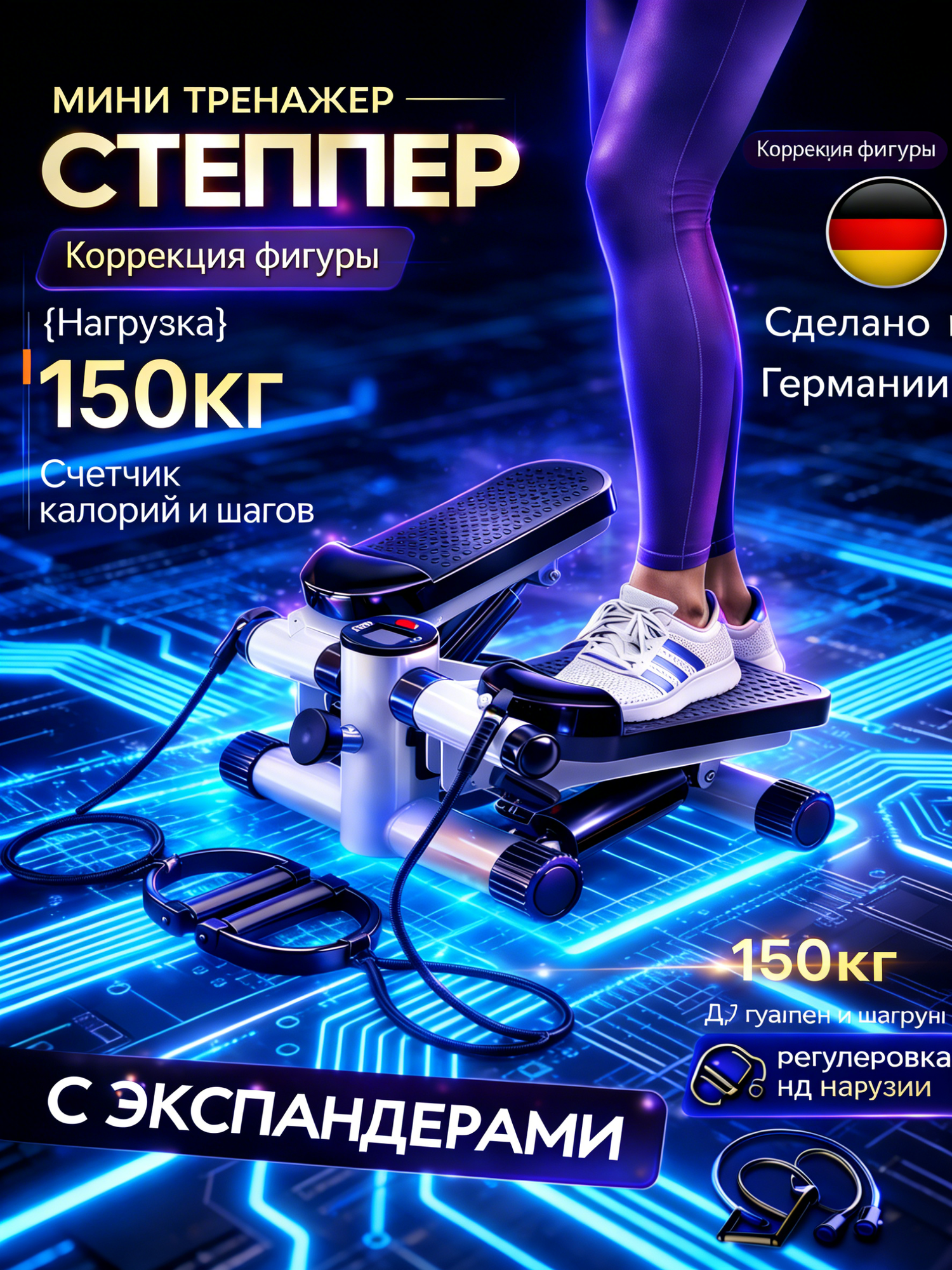 Степпер для ног с эспандерами Максимум, до 150 кг, LCD дисплей, цвет белый