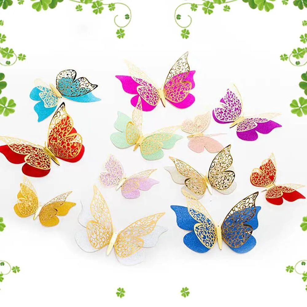 Наклейки на стену для декора дома интерьерные бабочки 3д, Многоцветный, двухслойный,12 штук